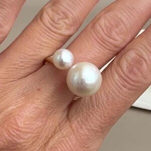 Two Natural White Pearls Double Ball Gemstone Ring Solid 14k Gold Open ...