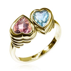 Double Heart Ring Natural Blue Aquamarine Pink Tourmaline Two Stone ...