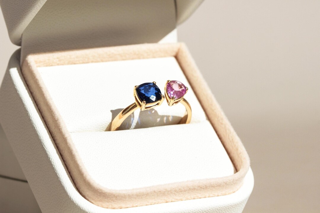 Two Natural Sapphires Open Cuff Ring Solid 14k Gold Front Gap Band Blue ...