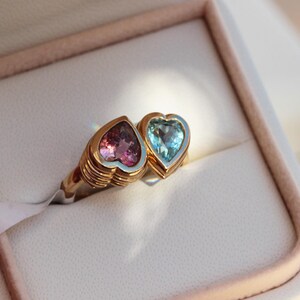Double Heart Ring Natural Blue Aquamarine Pink Tourmaline Two Stone ...