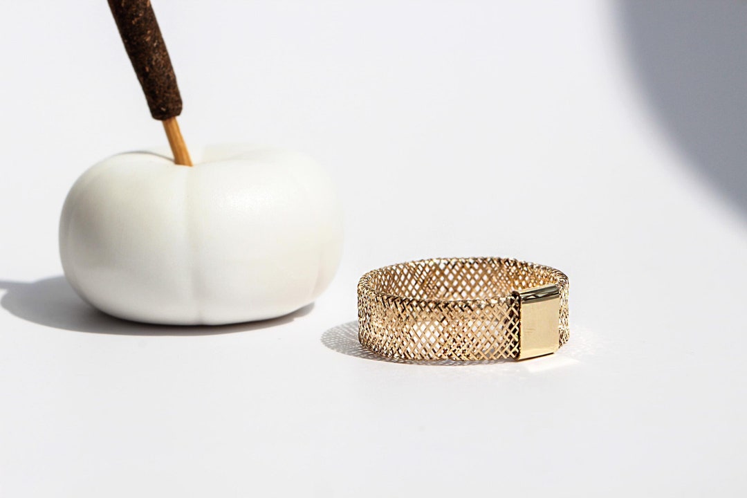 Adjustable 14k Stretch Mesh Ring Flexible Unisex Ring Real Solid Gold ...