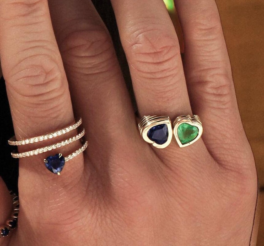 Two Hearts Ring 100% Natural Gemstones Real Solid 14k Gold Sapphire ...