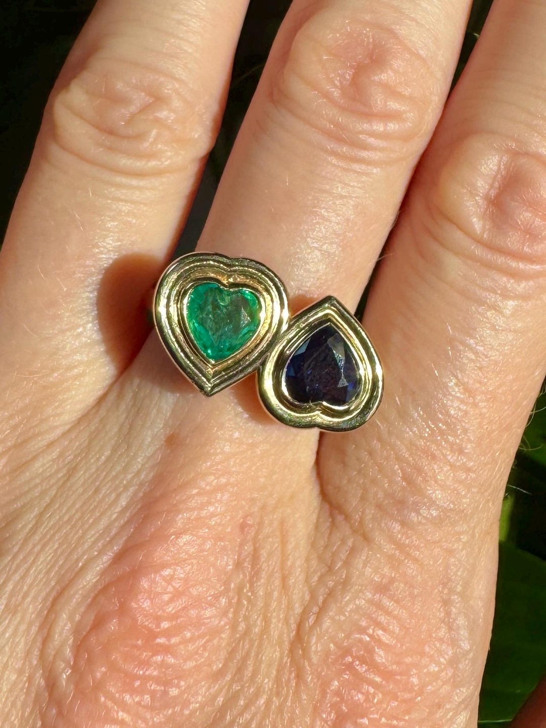 Two Hearts Ring 100% Natural Gemstones Real Solid 14k Gold Sapphire ...