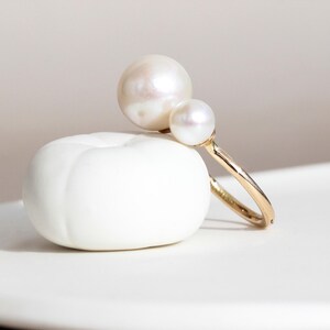 Two Natural White Pearls Double Ball Gemstone Ring Solid 14k Gold Open ...