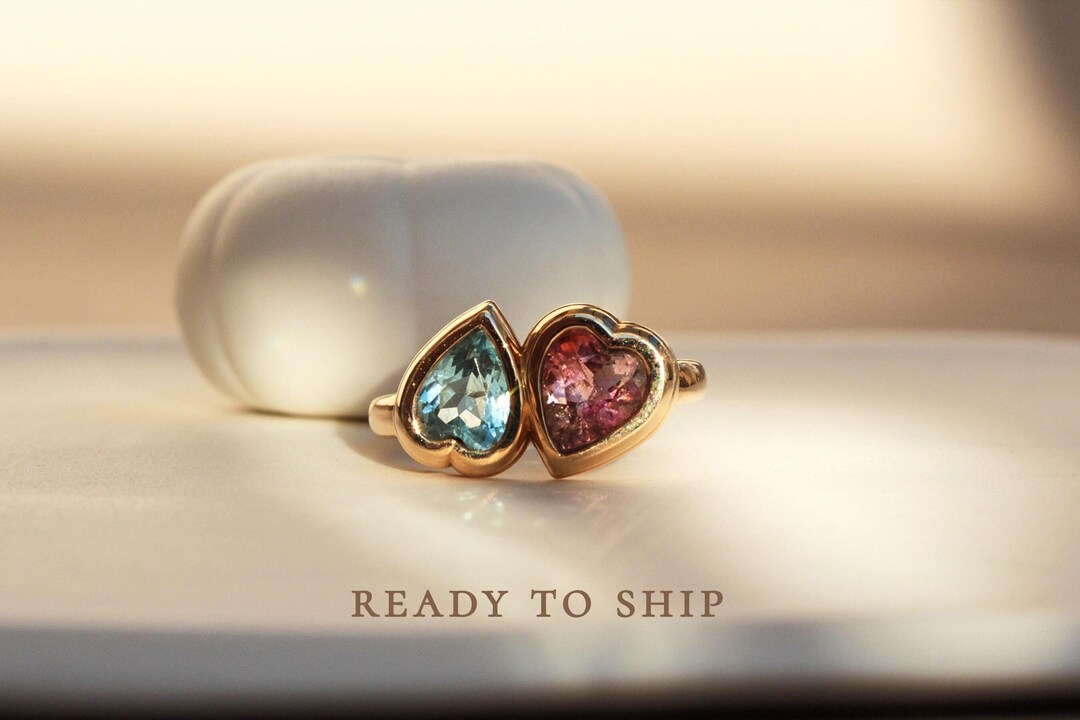 Double Heart Ring Natural Blue Aquamarine Pink Tourmaline Two Stone ...