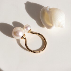 Two Natural White Pearls Double Ball Gemstone Ring Solid 14k Gold Open ...