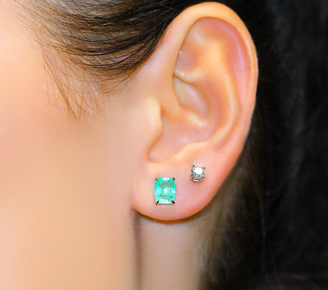 Emerald 14k Post Studs Large Rectangle Stone Earrings Unisex Ear ...