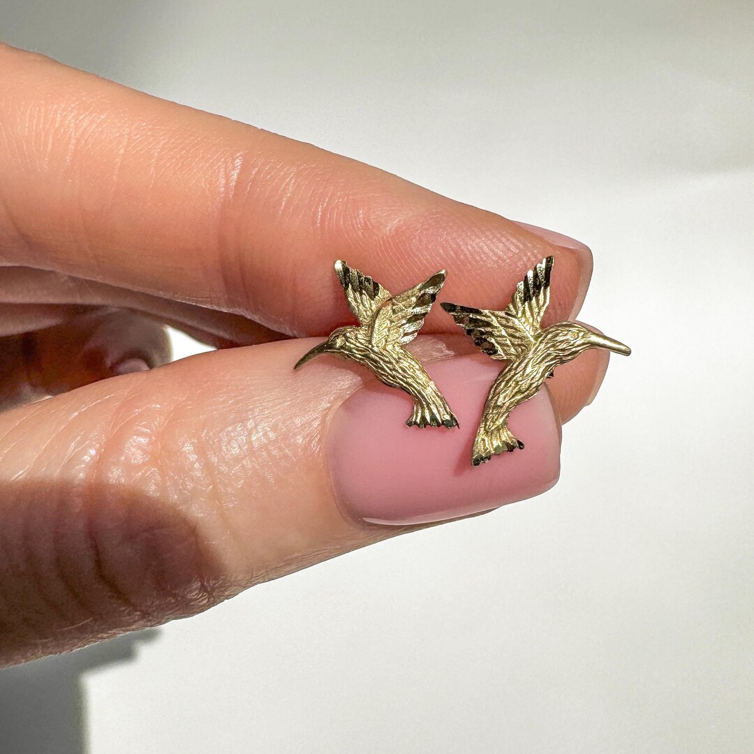Tiny Bird 14k Earrings Colibri Hummingbird Ear Decor Solid Gold Post ...