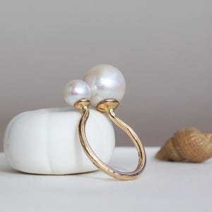 Two Natural White Pearls Double Ball Gemstone Ring Solid 14k Gold Open ...