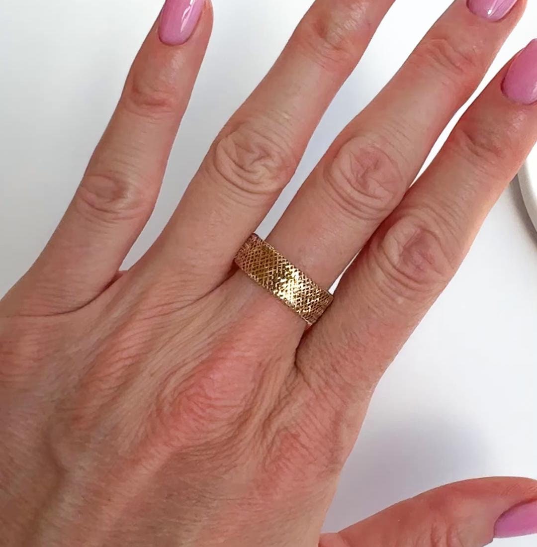 14k Gold Stretch Mesh Ring Wide Industrial Eternity Band Minimalist ...