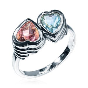 Double Heart Ring Natural Blue Aquamarine Pink Tourmaline Two Stone ...
