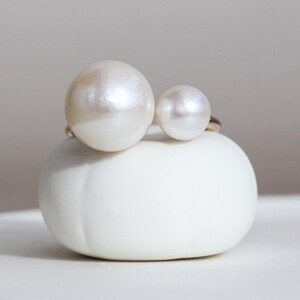 Two Natural White Pearls Double Ball Gemstone Ring Solid 14k Gold Open ...