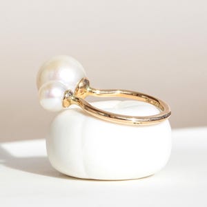 Two Natural White Pearls Double Ball Gemstone Ring Solid 14k Gold Open ...