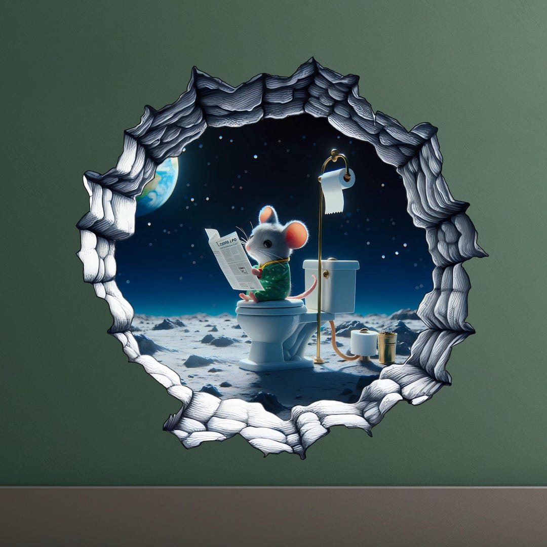 Cute Mouse Hole Decal, Mouse Sticker, Mouse Reading Newspaper on Toilet ...