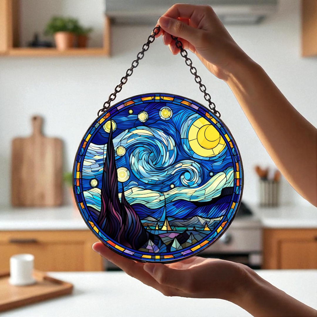 Starry Night Stained Glass Suncatcher, Van Gogh Window Hanging, Starry ...
