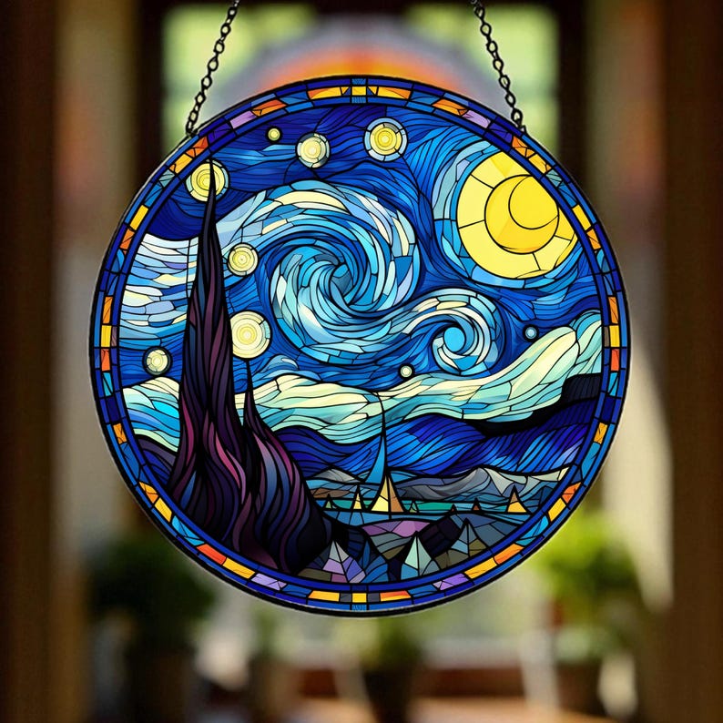 Starry Night Stained Glass Suncatcher, Van Gogh Window Hanging, Starry ...