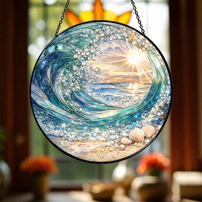 Ocean Wave Stained Glass Suncatcher, Wave Window Hanging, Beach House ...