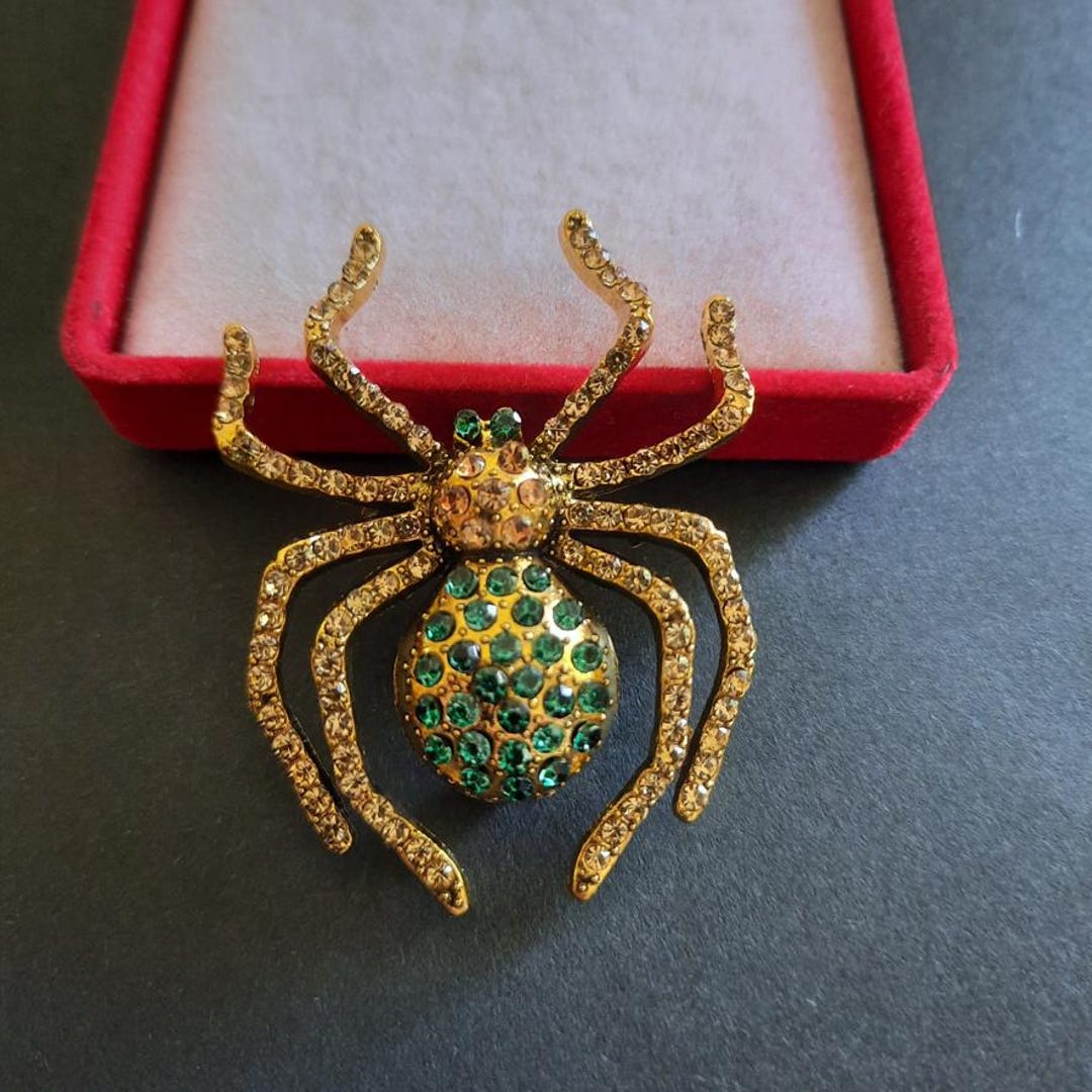 Vintage Style Rhinestone Spider Brooch – Antique Gold Tone Statement ...