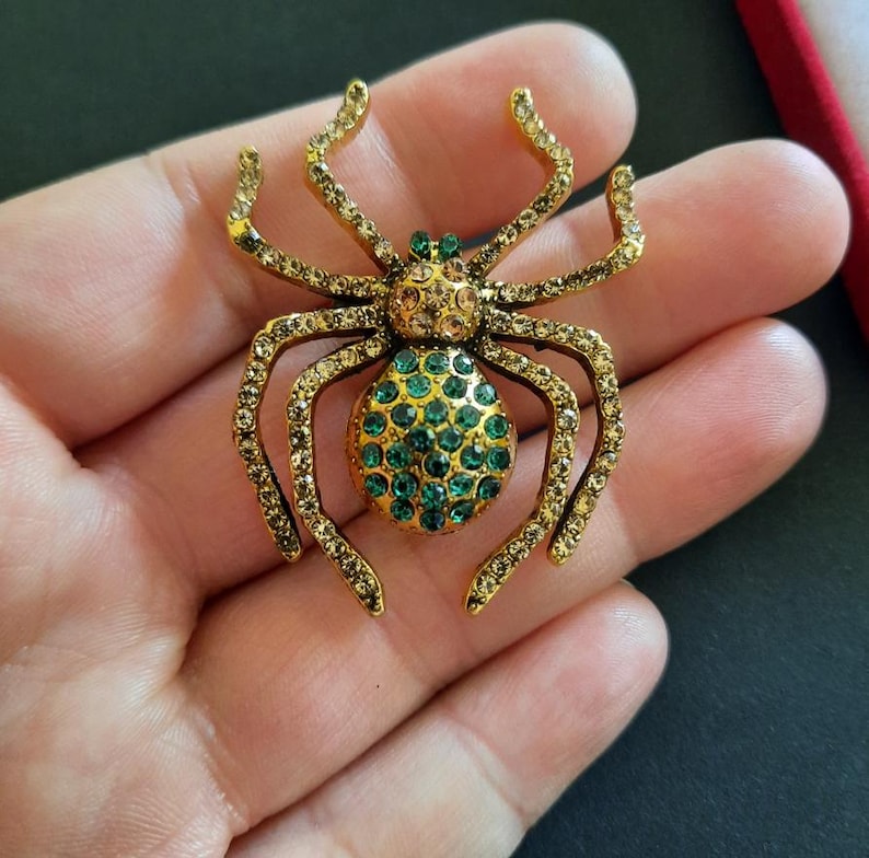 Vintage Style Rhinestone Spider Brooch – Antique Gold Tone Statement ...
