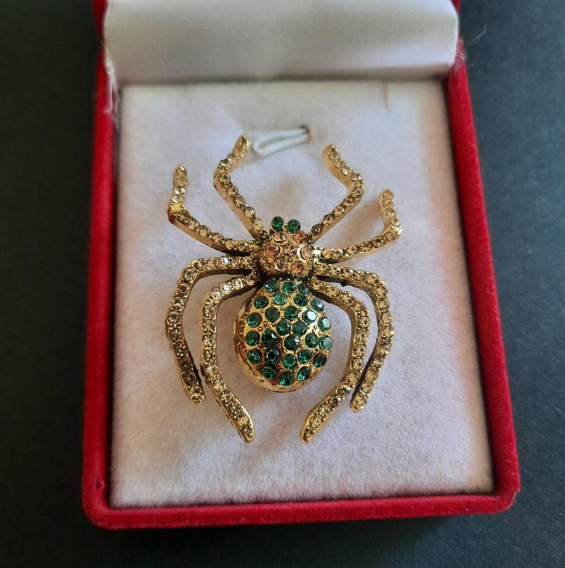 Vintage Style Rhinestone Spider Brooch – Antique Gold Tone Statement ...