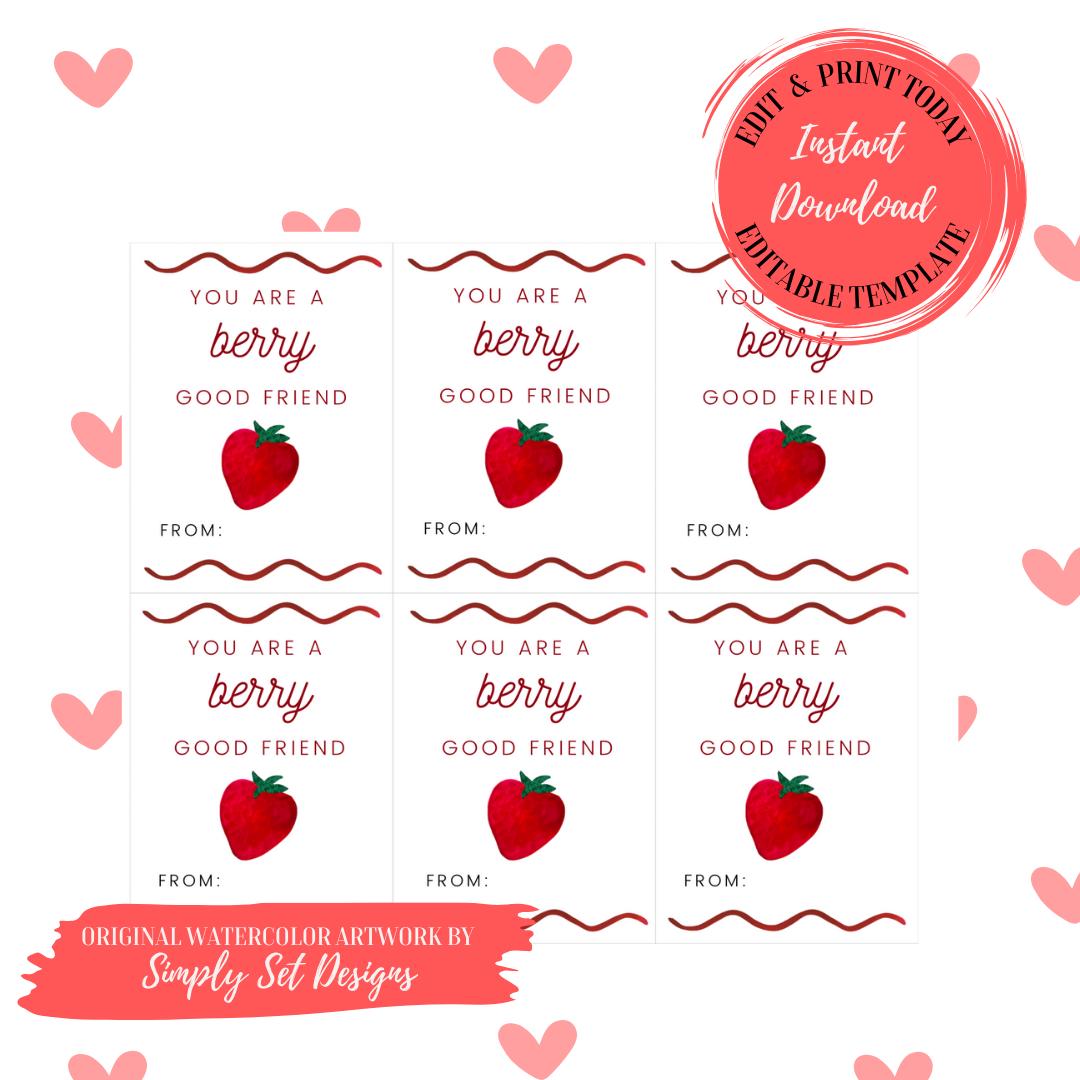 Printable Valentine Card, Berry Special Friend Card, Strawberry ...
