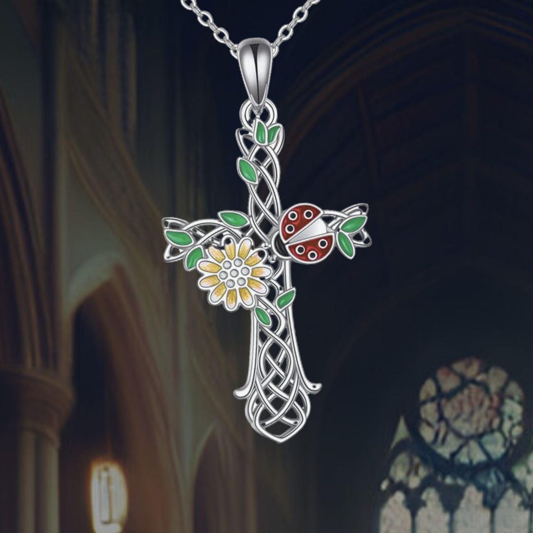 Ladybug Cross Necklace 925 Sterling Silver Sunflower Celtic Knot Cross ...