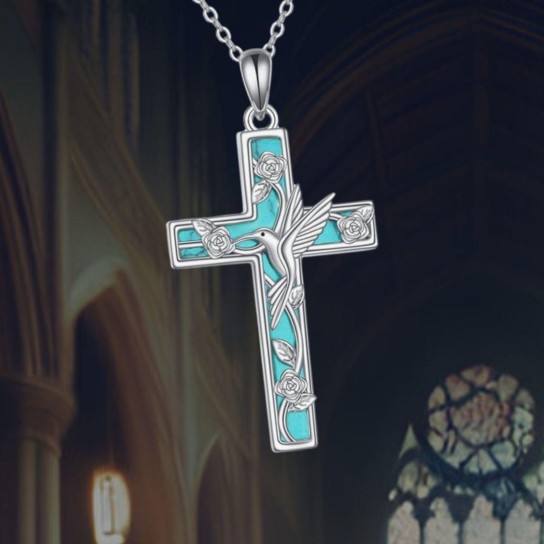 Cross Necklace Hummingbird Cross Pendant Sterling Silver Rose Flower ...