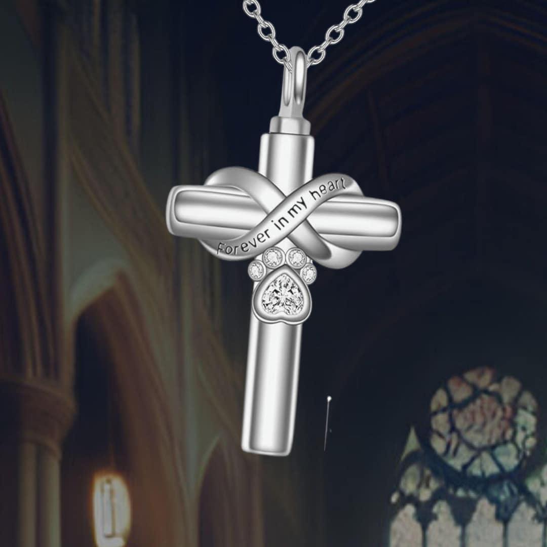 Cross Urn Necklace Infinity Pet Ashes Pendant Sterling Silver Paw Pet ...
