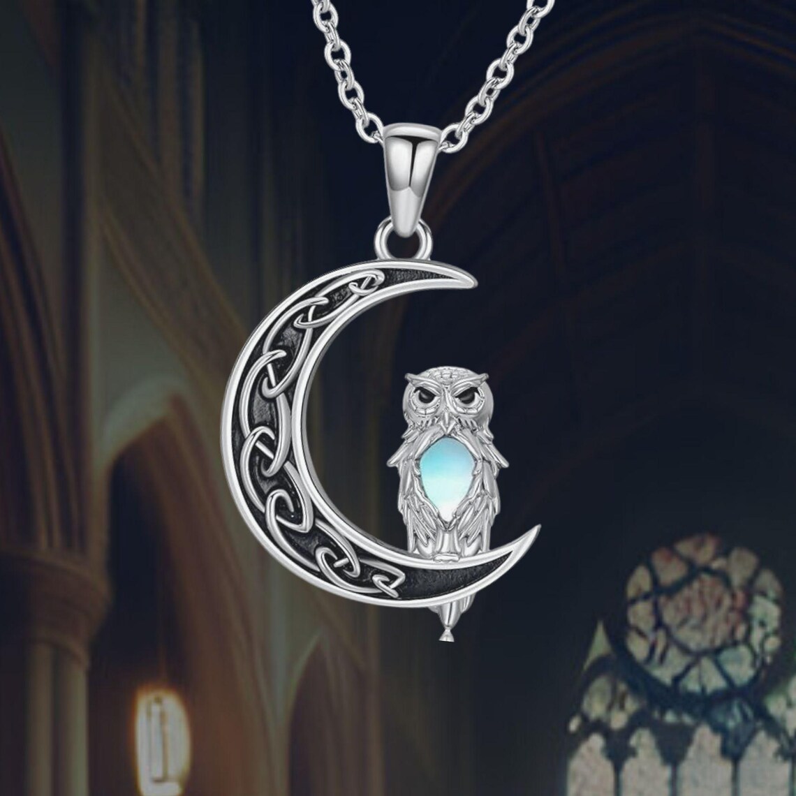 Crescent Moon Owl Necklace for Women Sterling Silver Owl Moonstone ...
