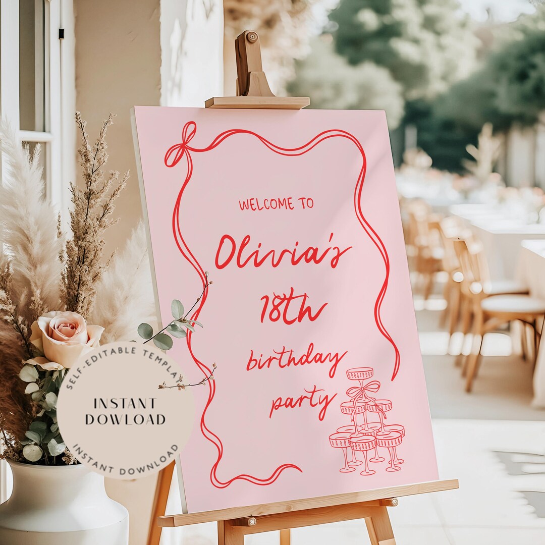 Editable 18th Birthday Welcome Sign: Pink Champagne (digital Download ...