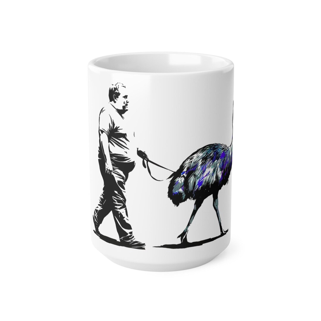 Coffee Mug, Man Walking Pet Emu, Funny Ceramic Cup, 11oz, 15oz, Meme ...