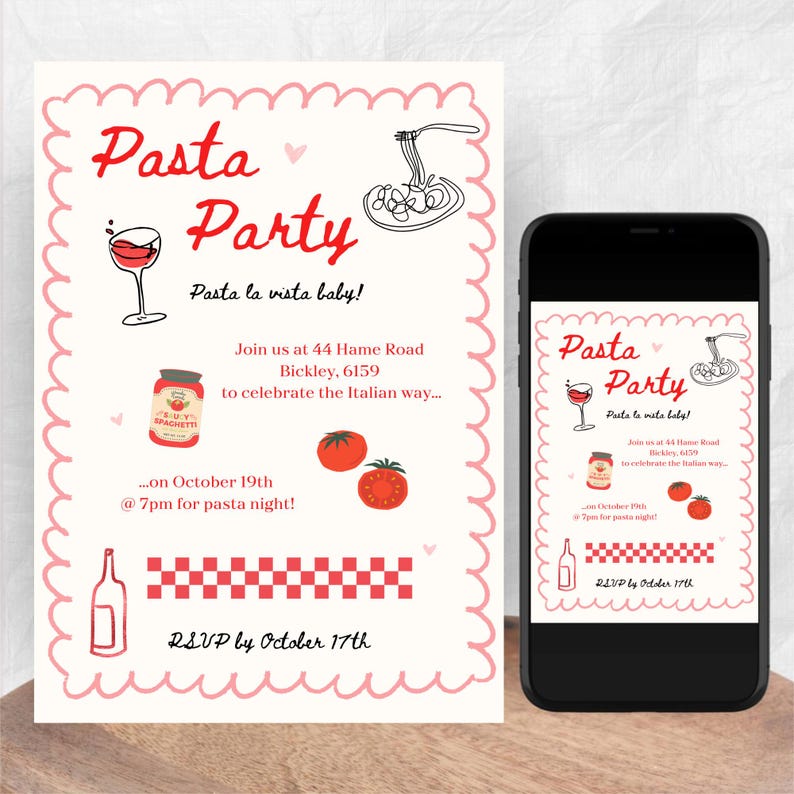 Editable Pasta Party Invitation Template Printable Celebration Invite ...