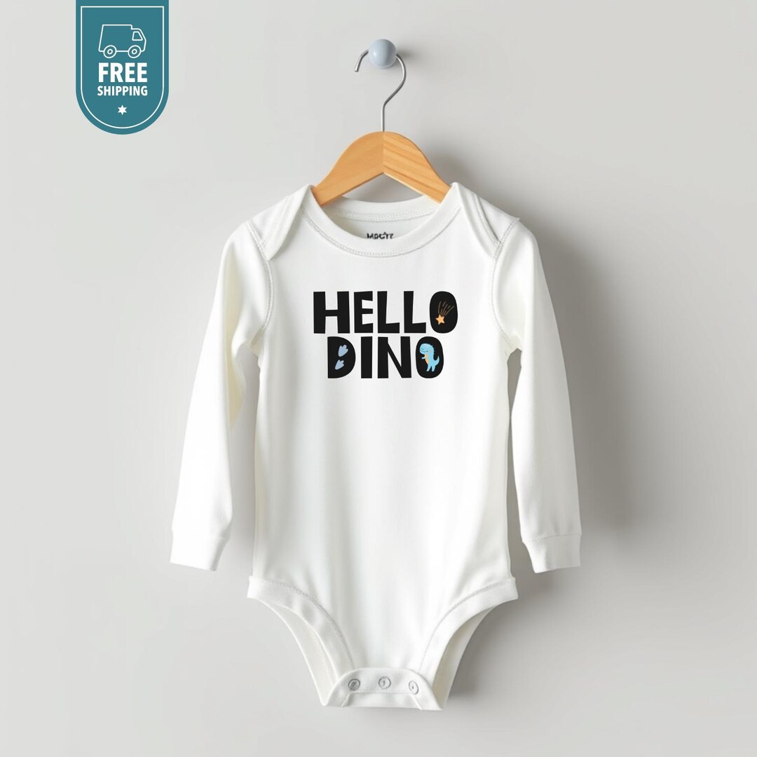 Hello Dino Bodysuit Cute Long Sleeve Onesie for Infants Dinosaur Baby ...