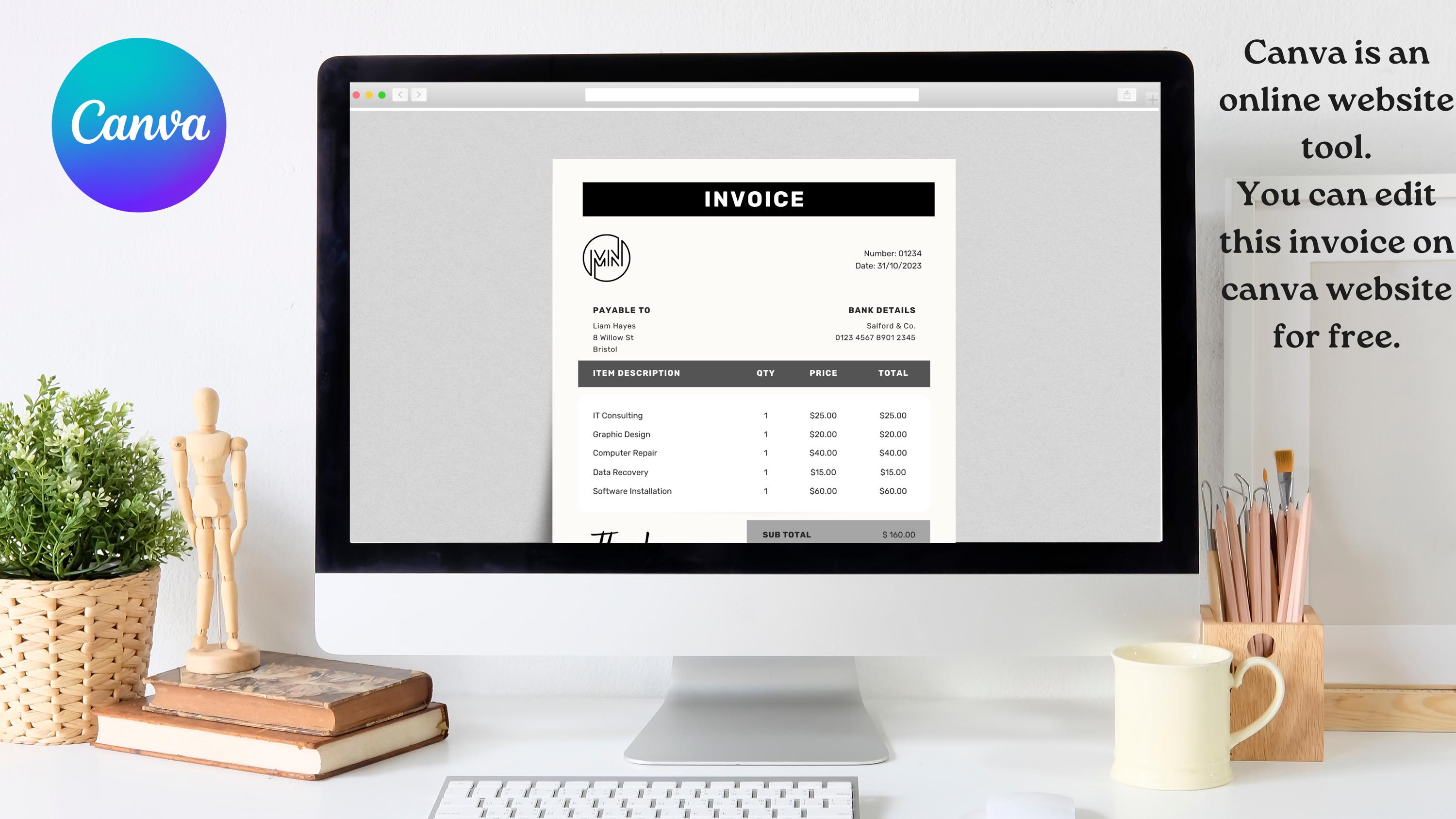 Editable Invoice Template, Instant Digital Download, Professional ...
