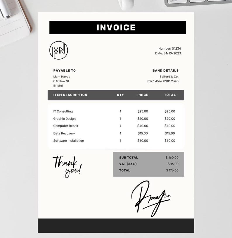 Editable Invoice Template, Instant Digital Download, Professional ...