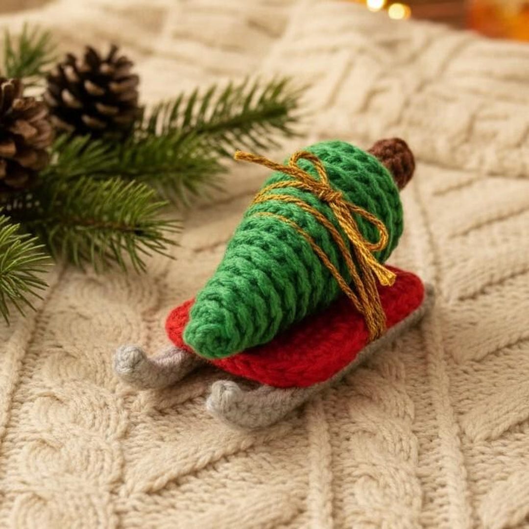 Handmade Crochet Mini Christmas Tree on Sled Ornament, Festive Green ...