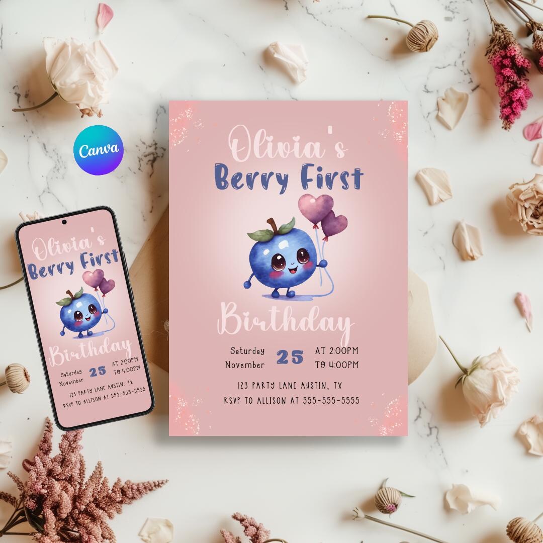 Berry First Birthday Invitation, Blueberry 1st Birthday Invite, Summer ...