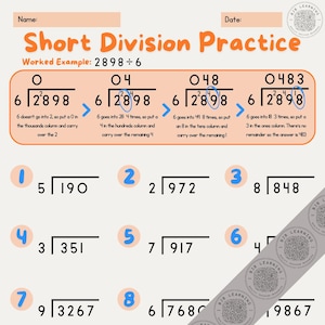 Printable Short Division Worksheet With Worked Example - Etsy