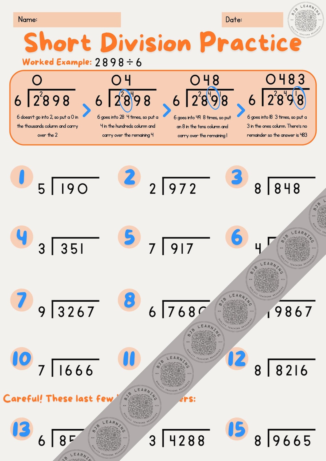 Printable Short Division Worksheet With Worked Example - Etsy