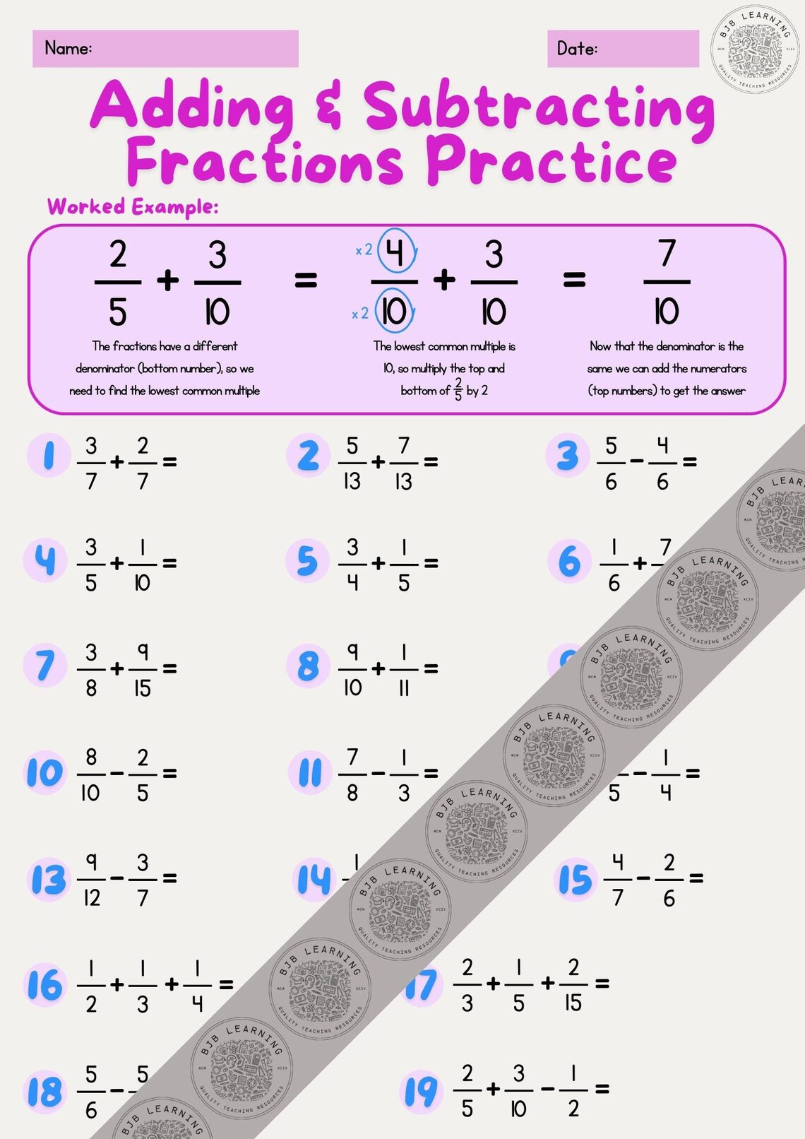 Printable Adding & Subtracting Fractions Worksheet - Etsy