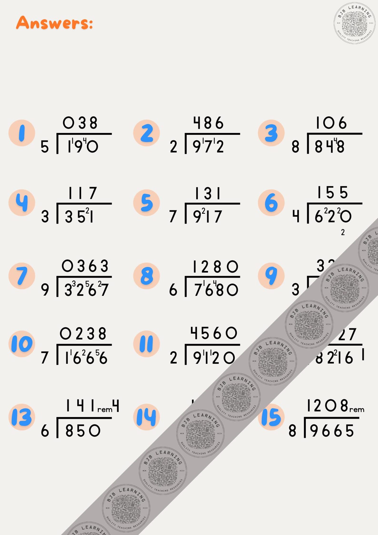 Printable Short Division Worksheet With Worked Example - Etsy