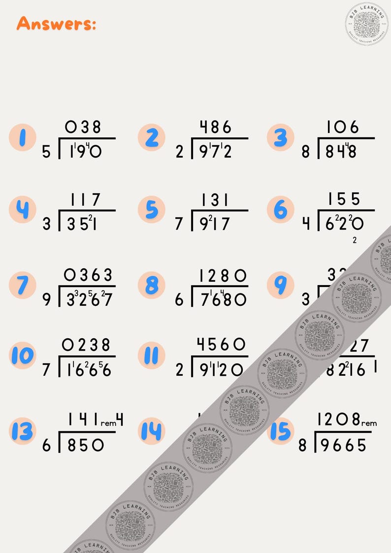 Printable Short Division Worksheet With Worked Example - Etsy