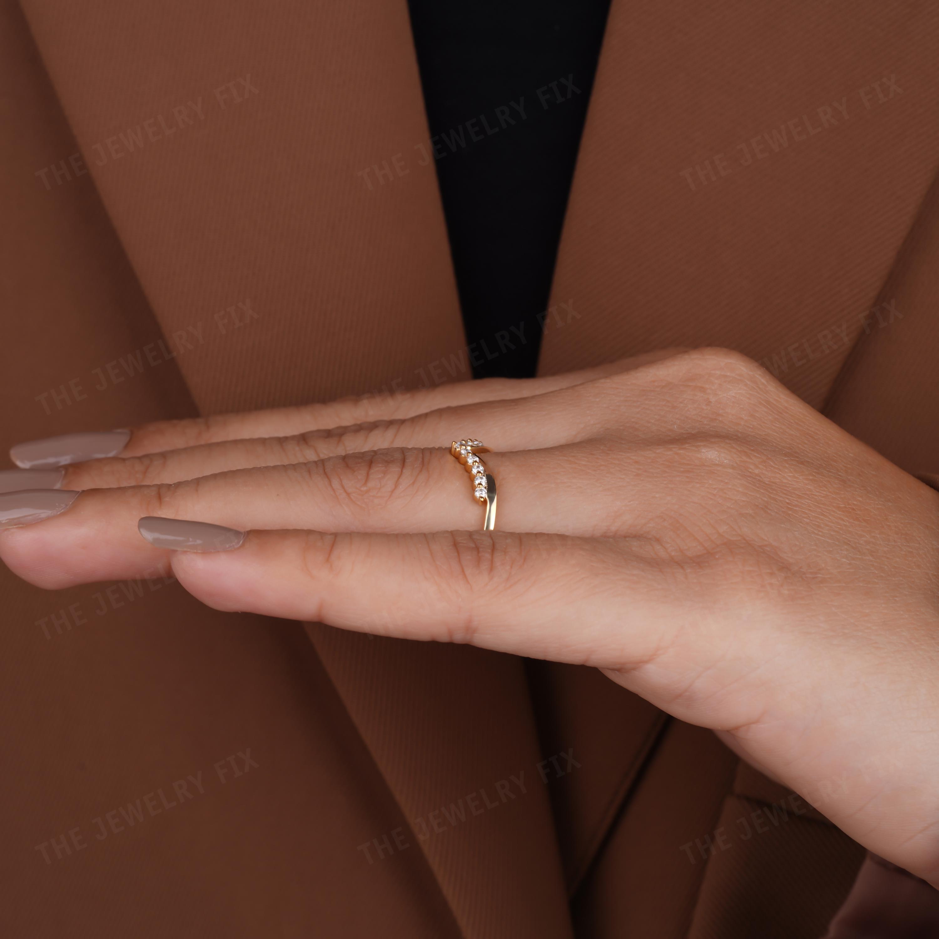 Curve Diamond Wedding Band, 14K Gold Dainty V Shaped Ring, Minimalist ...