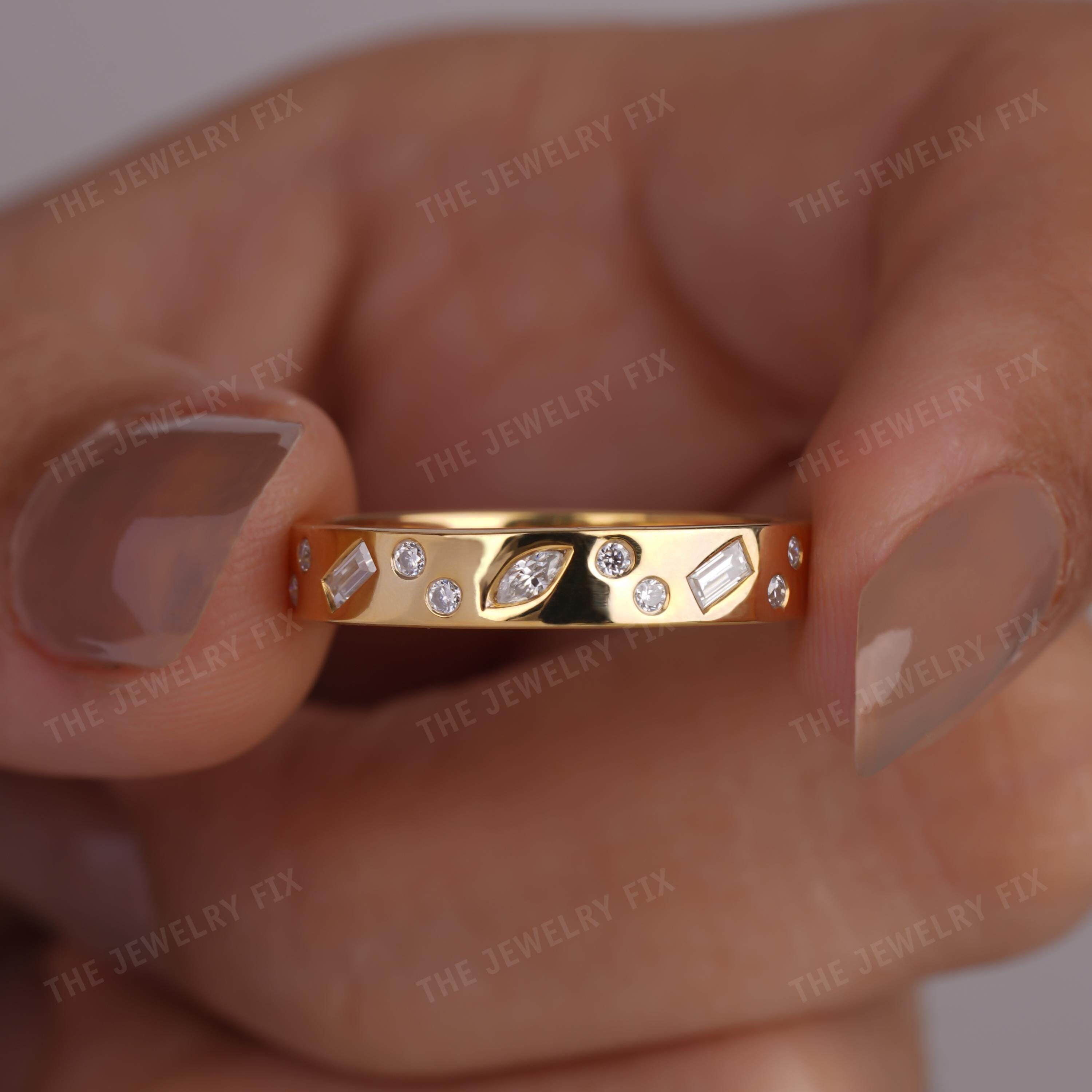 Mix Shaped Flush Set Diamond Wedding Band, 4mm Wide Scattered Diamond ...