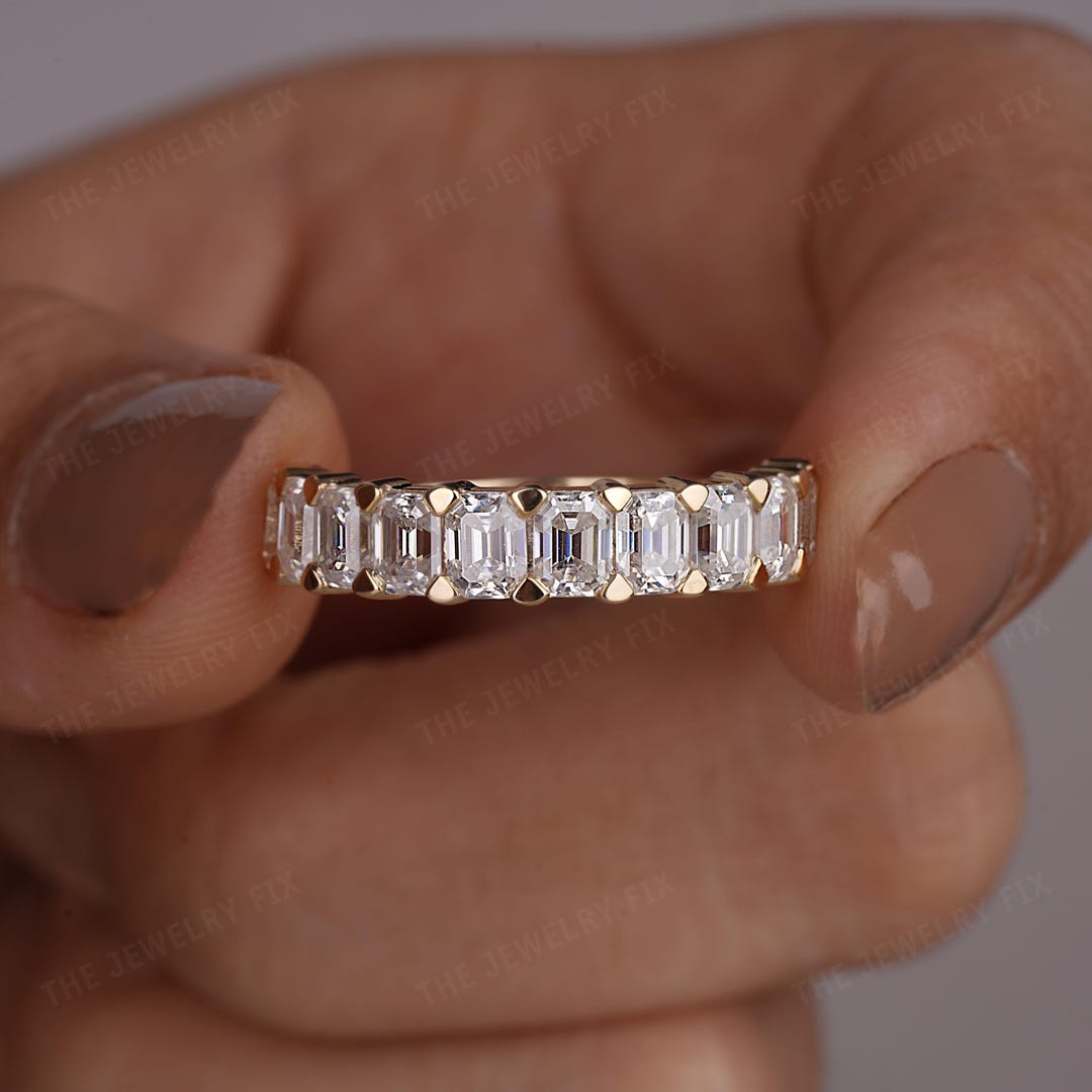 Emerald Cut Lab Grown Diamond Wedding Band for Women 14k Half Eternity ...
