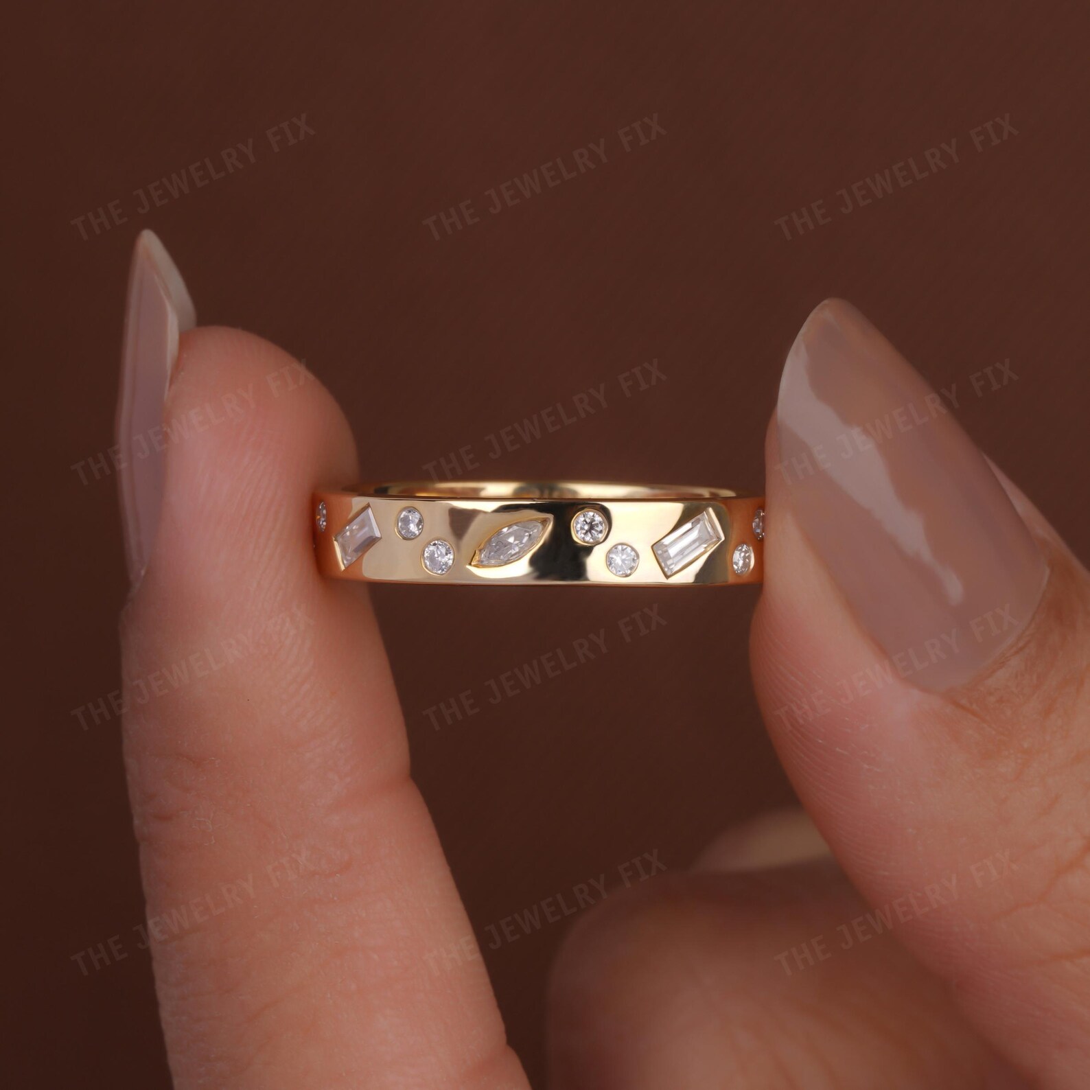 Mix Shaped Flush Set Diamond Wedding Band, 4mm Wide Scattered Diamond ...