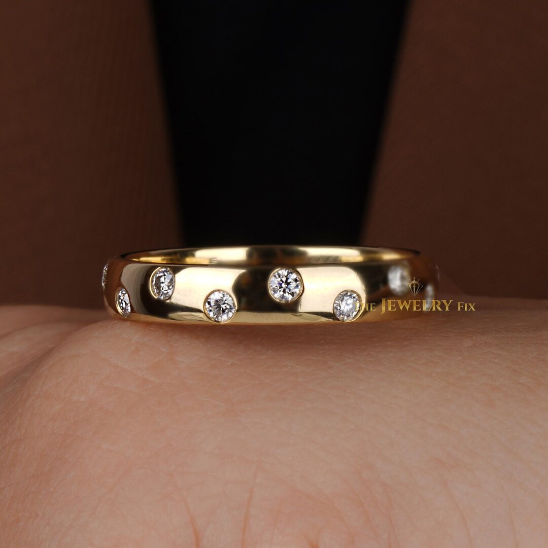 Round Flush Set Diamond Wedding Band, 14K Gold Scattered Lab Diamond ...
