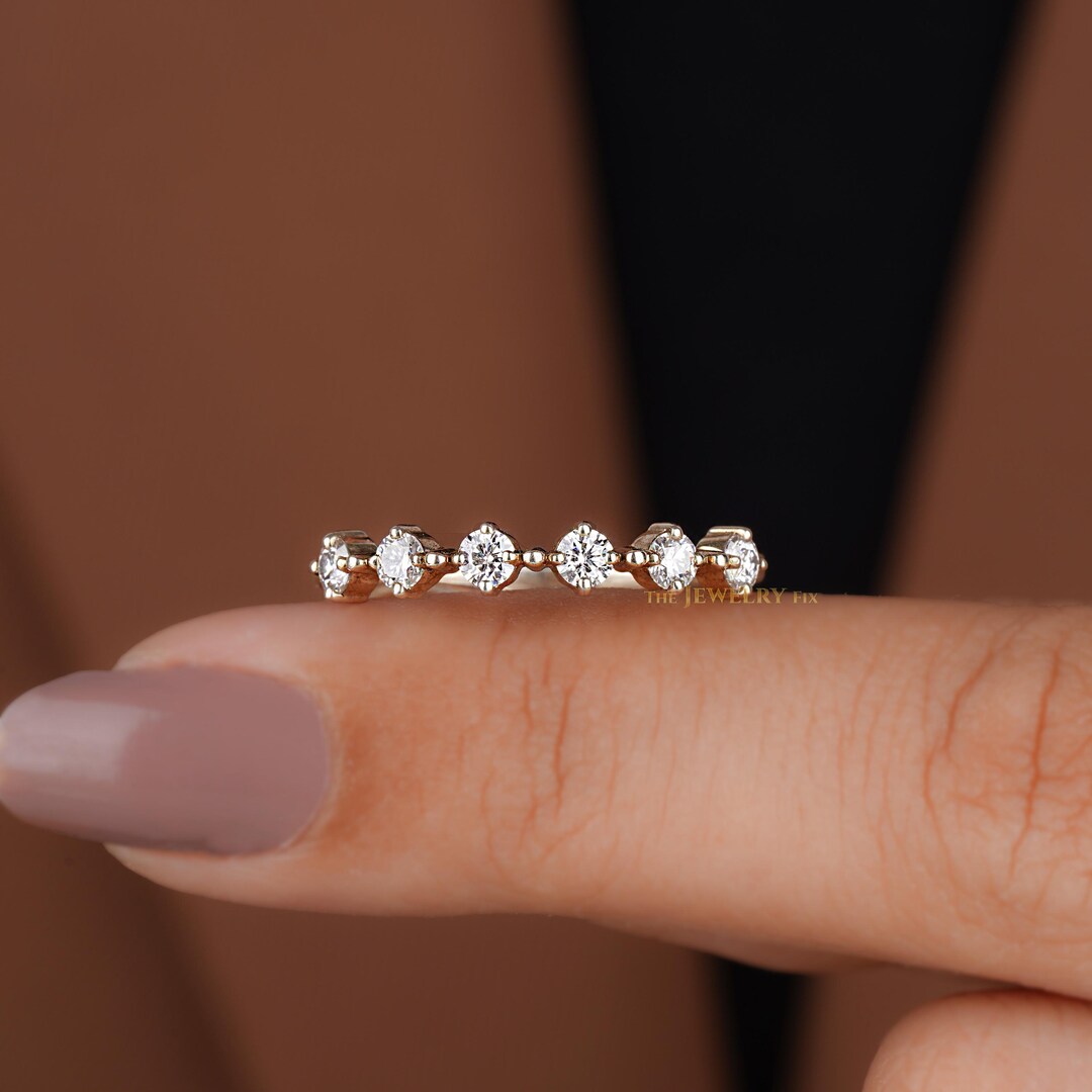 14K Gold Dainty Shared Prong Ring, Bubble Prong Set Round Moissanite ...