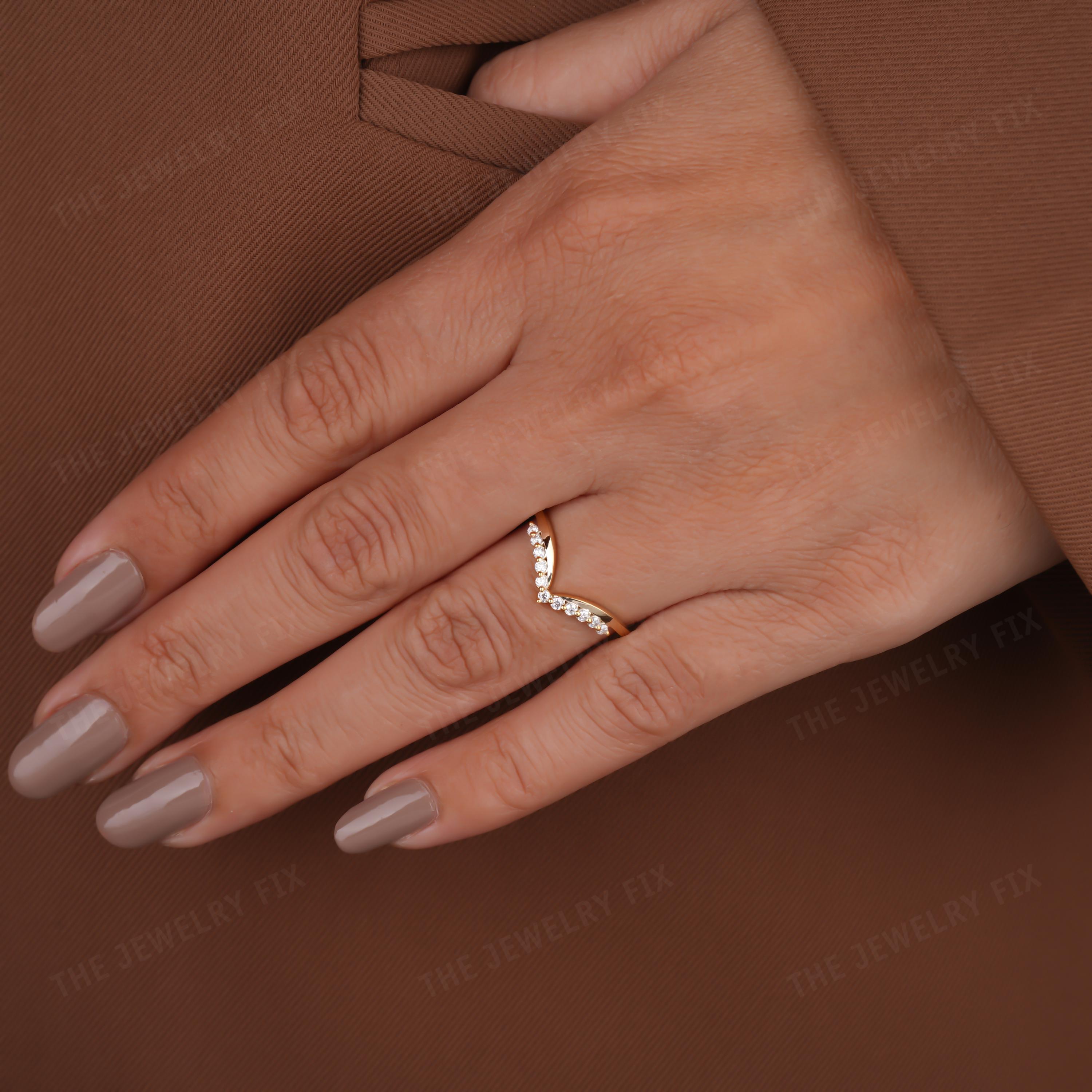 Curve Diamond Wedding Band, 14K Gold Dainty V Shaped Ring, Minimalist ...