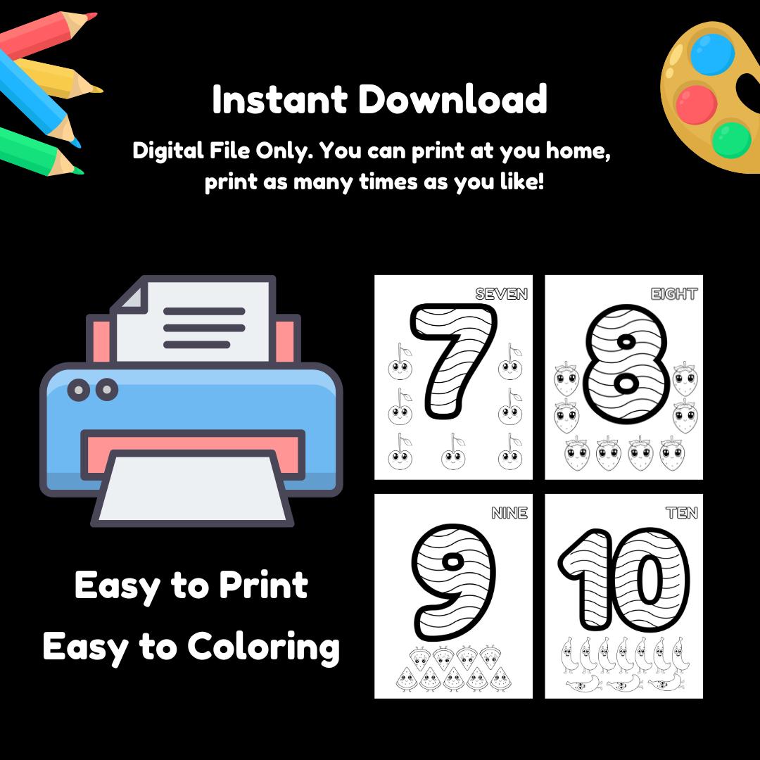 1 - 10 Numbers Printable Coloring Page Worksheets for Kids, Toddlers ...